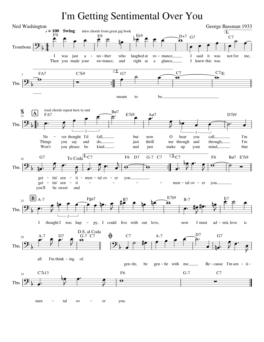 I'm Getting Sentimental Over You Sheet Music with Chords for Trombone ...