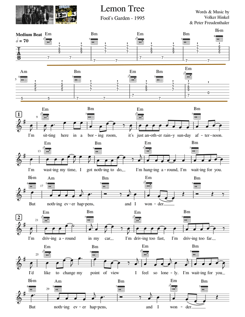 Lemon tree – Fool's Garden Sheet Music and Tab with Chords for Vocals ...