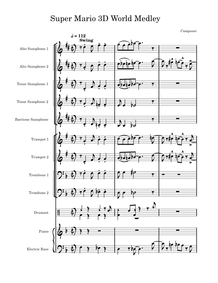 Super Mario 3D World Medley Sheet Music for Piano, Trombone, Saxophone ...