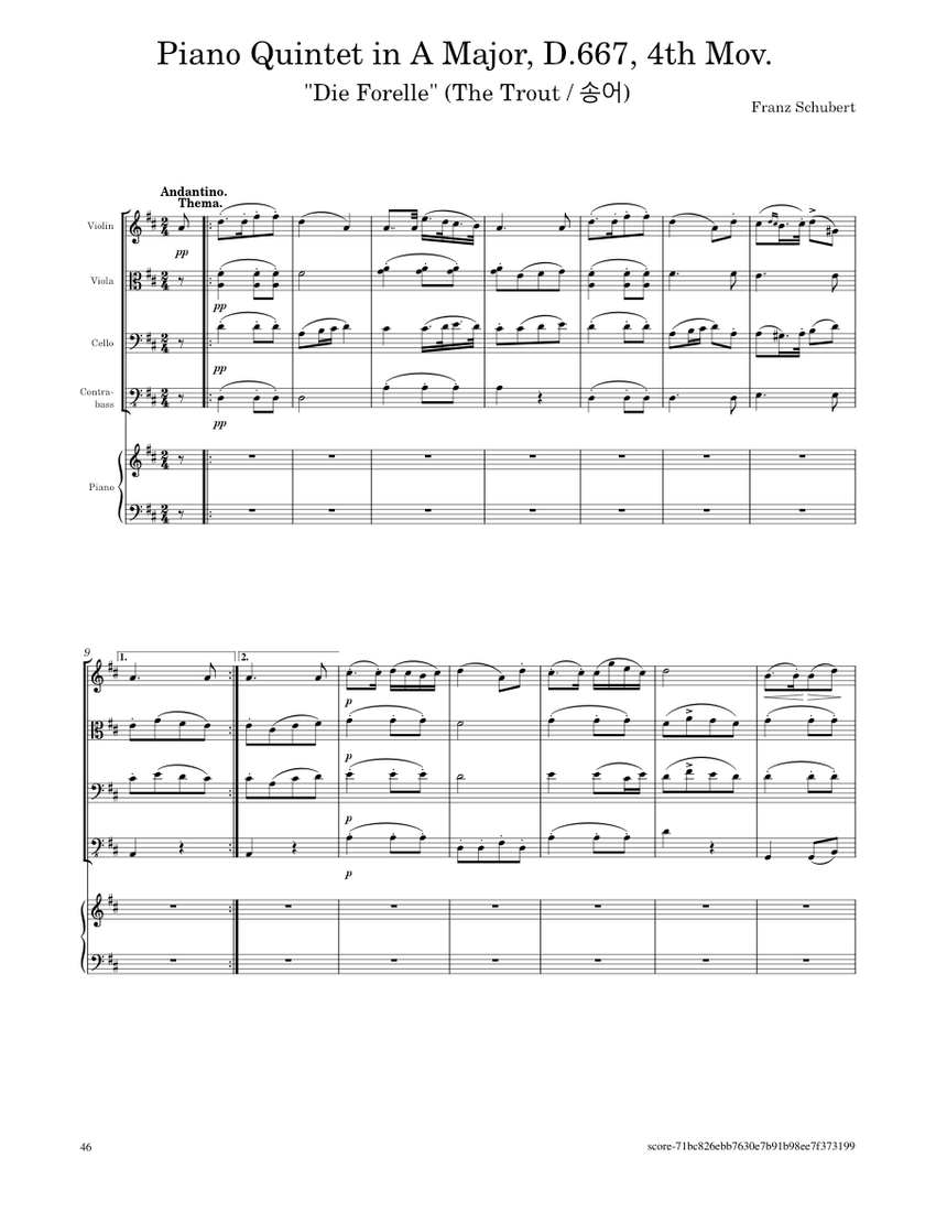 Piano Quintet in A Major, D.667, 4th Mov Sheet music for Piano, Contrabass, Violin, Viola & more ...