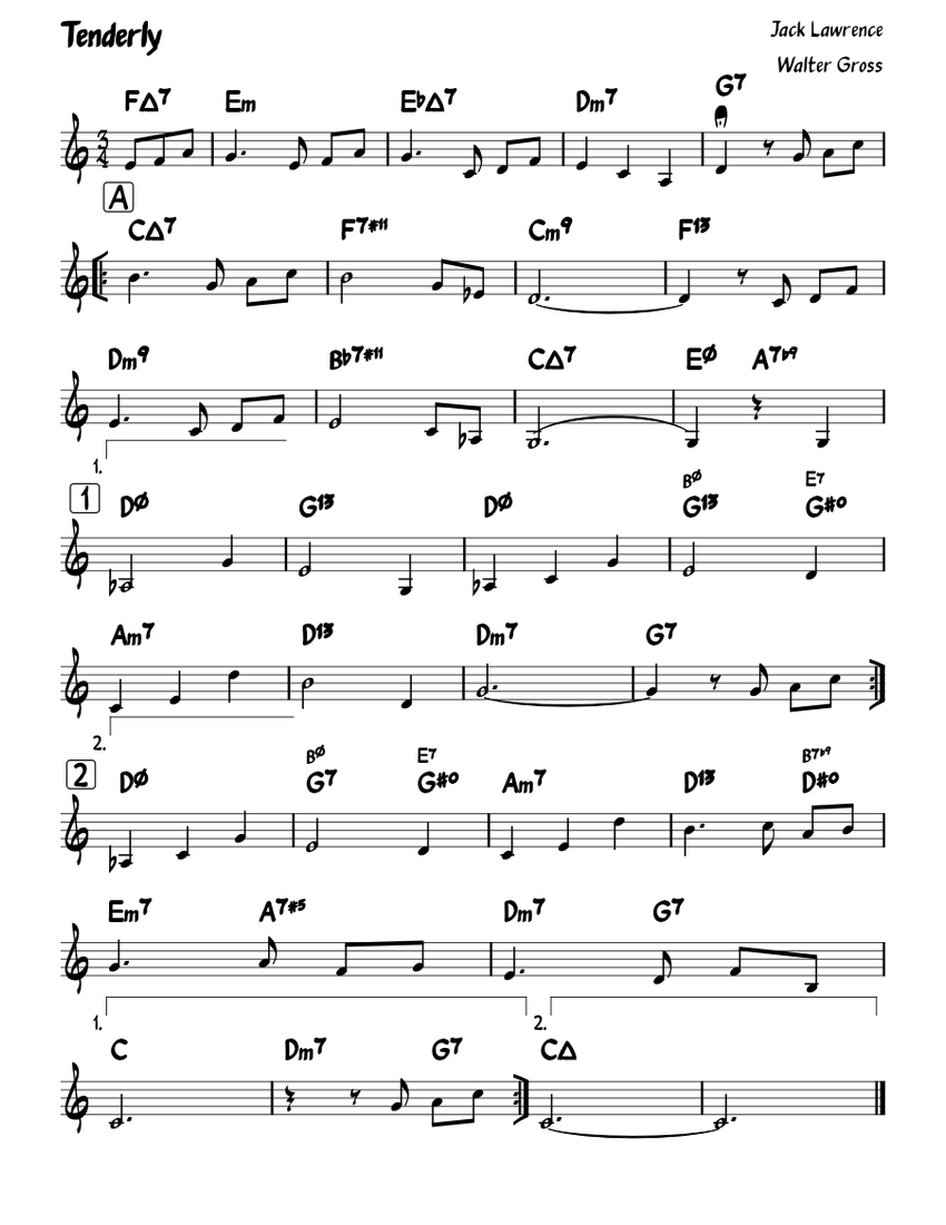 Tenderly Sheet Music with Chords for Piano (Solo) easy | MuseScore.com
