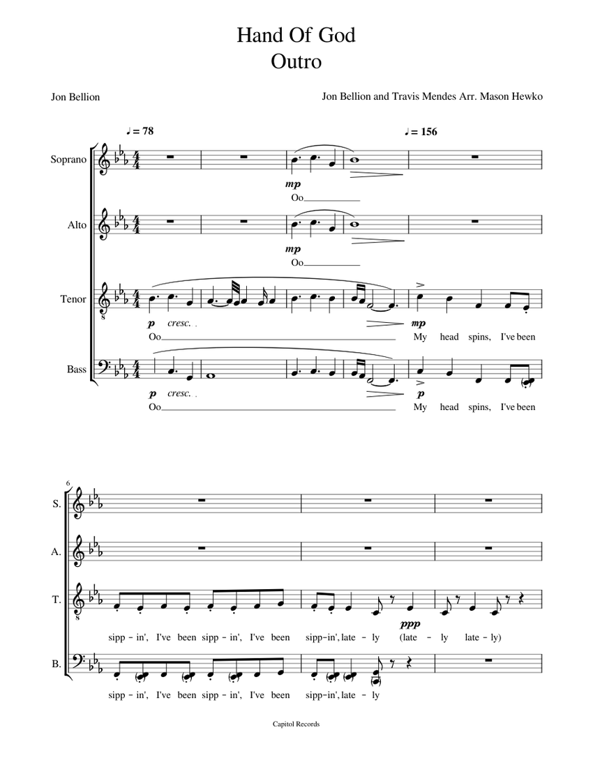 Hand Of God - Outro Sheet Music for Soprano, Alto, Tenor, Bass voice ...