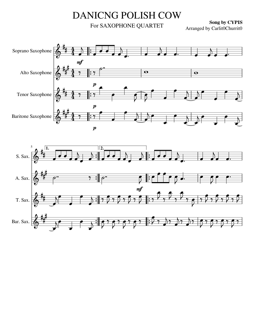 DANCING POLISH COW for Saxophone Quartet by CARLIT0CHURRIT0 Sheet Music ...