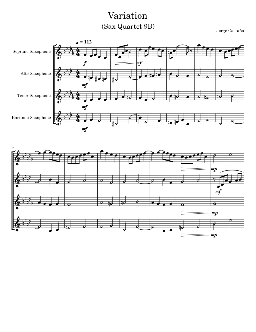 Variation for Saxophone Quartet (on Ravel String Quartet Mvt. I) Sheet ...