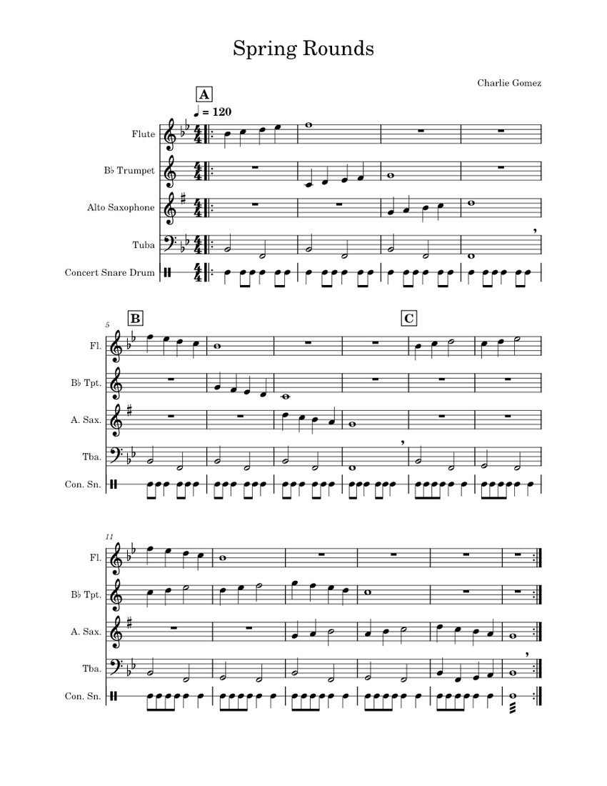 Spring Rounds Sheet Music for Tuba, Flute, Saxophone alto, Trumpet in b ...