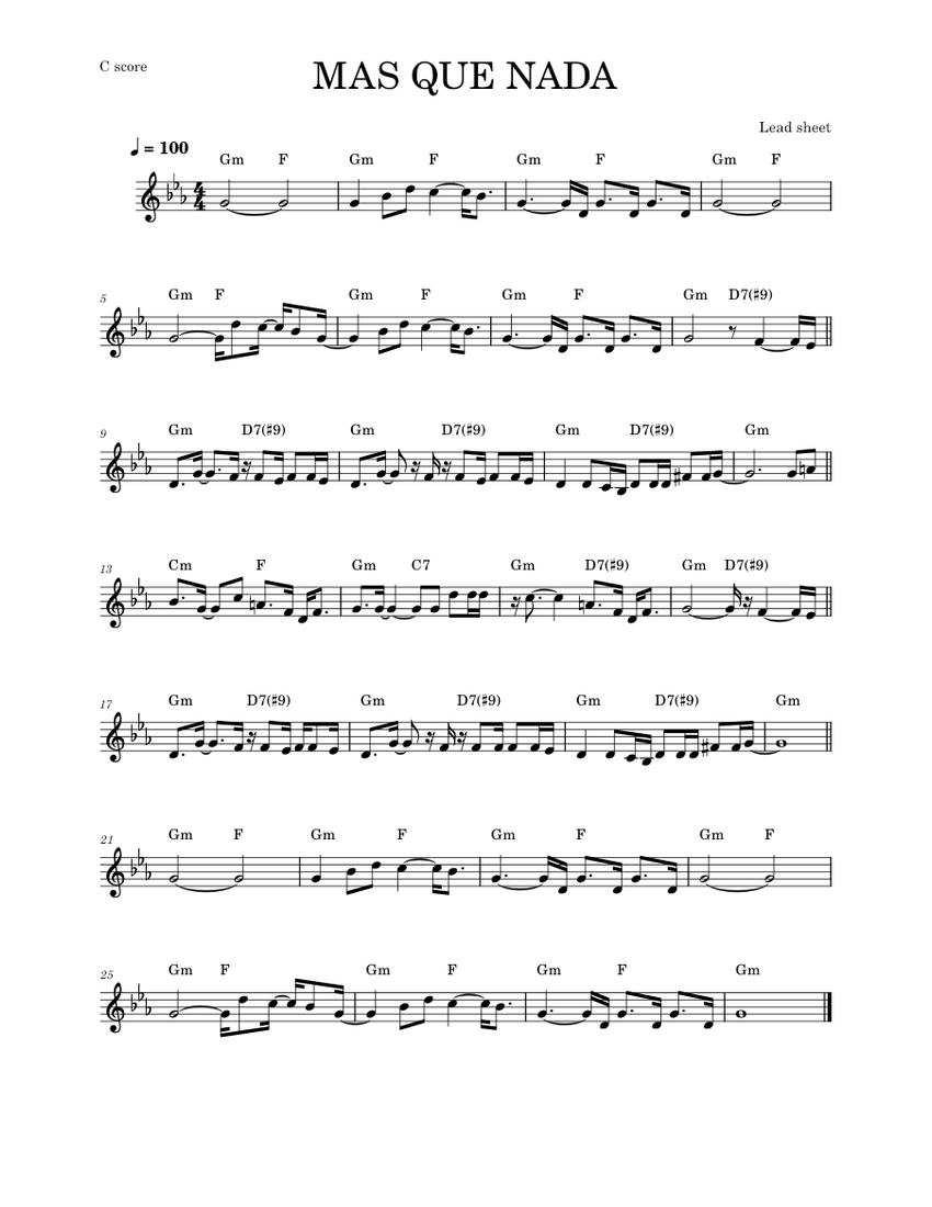Mas Que Nada – Sergio Mendes (LEAD SHEET) Sheet Music for Flute (Solo ...