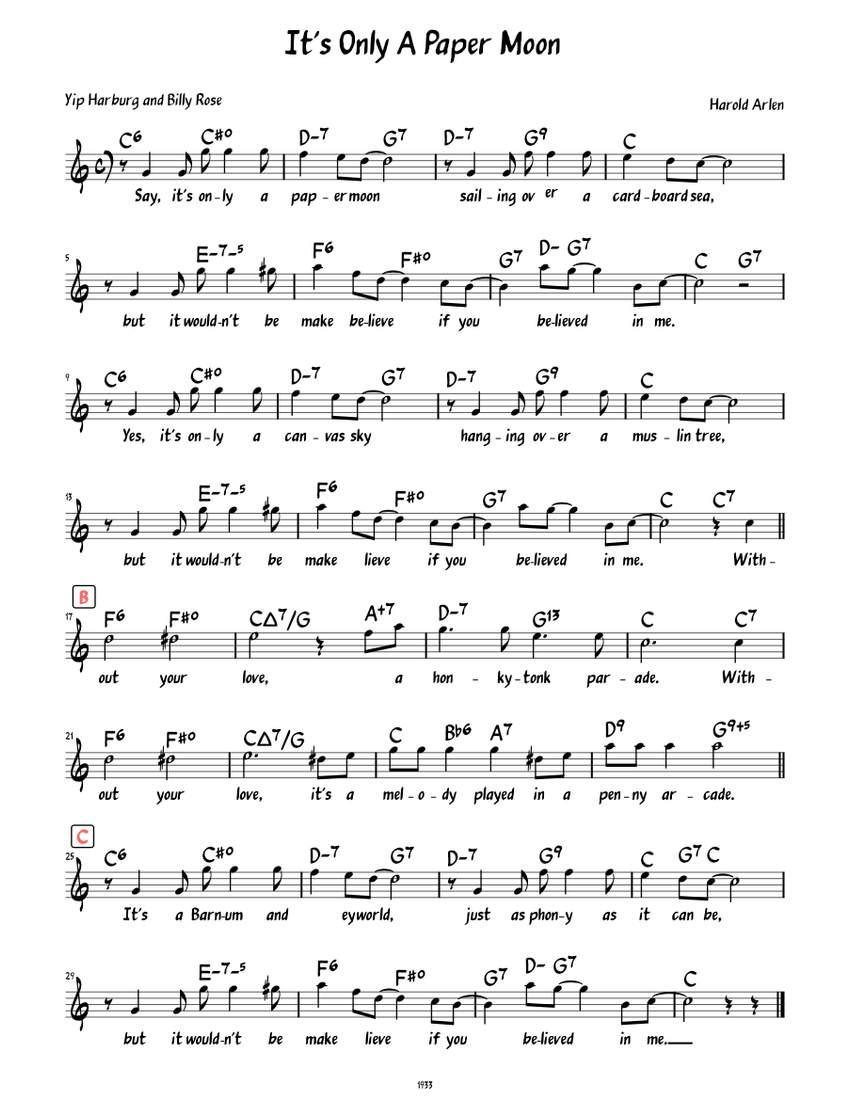 It's Only a Paper Moon (Lead sheet and lyrics) Sheet music for Piano ...