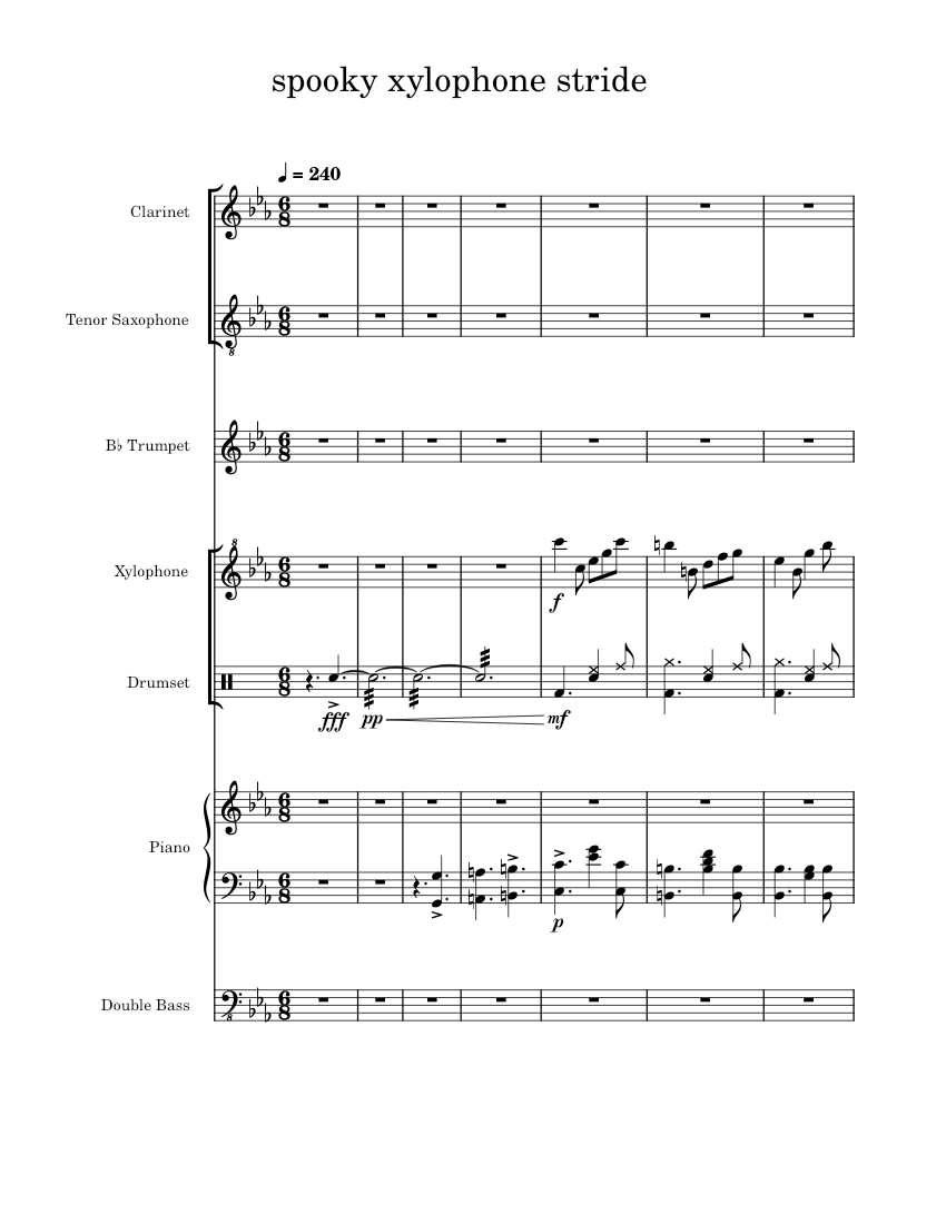 spooky xylophone stride Sheet music for Piano, Saxophone tenor, Trumpet ...
