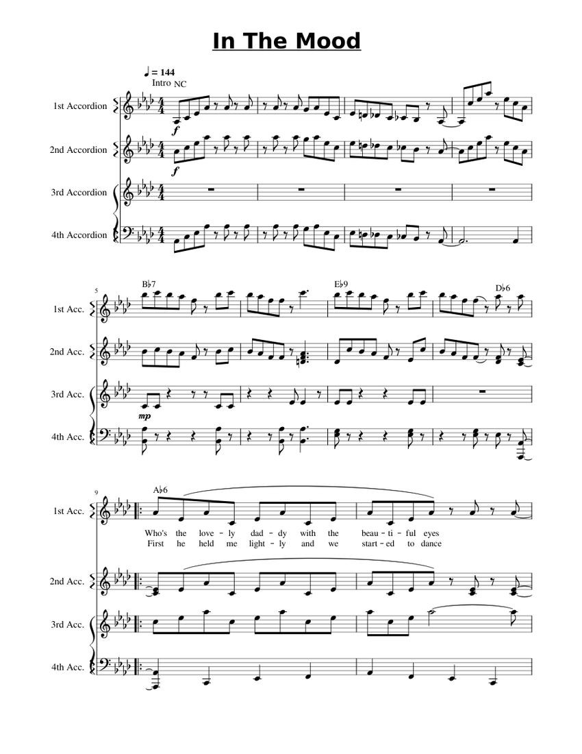 In The Mood Sheet Music with Chords for Accordion (Piano Quartet ...