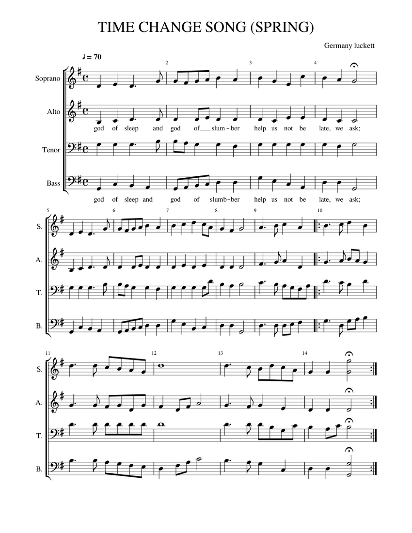 TIME CHANGE SONG (SPRING) Sheet Music for Soprano, Alto, Tenor, Bass ...