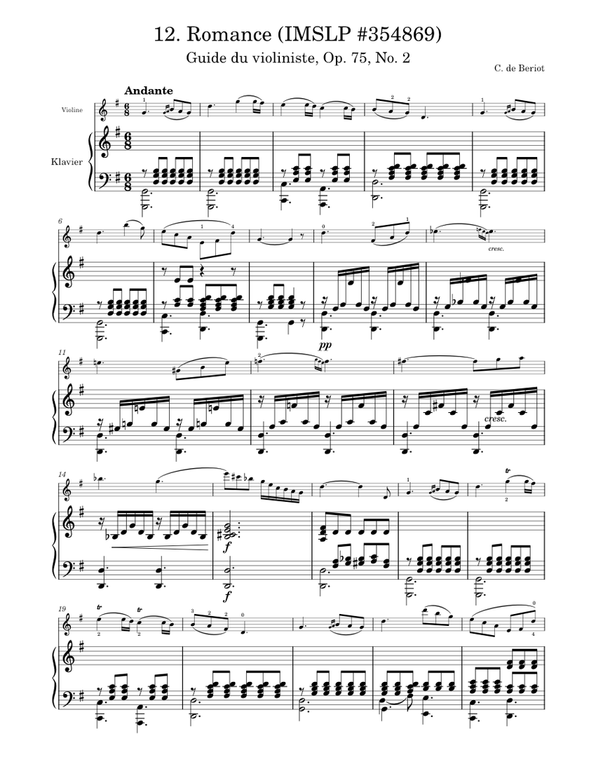 Romance in G major, op. 75, No. 12 – Bériot, Charles-Auguste de Romance ...