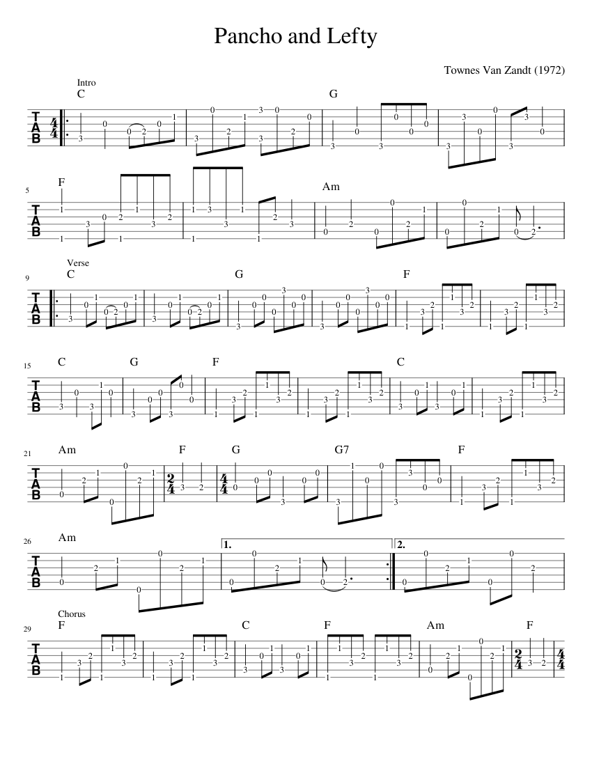 Pancho and Lefty - Fingerstyle Guitar Sheet Music and Tab with Chords ...