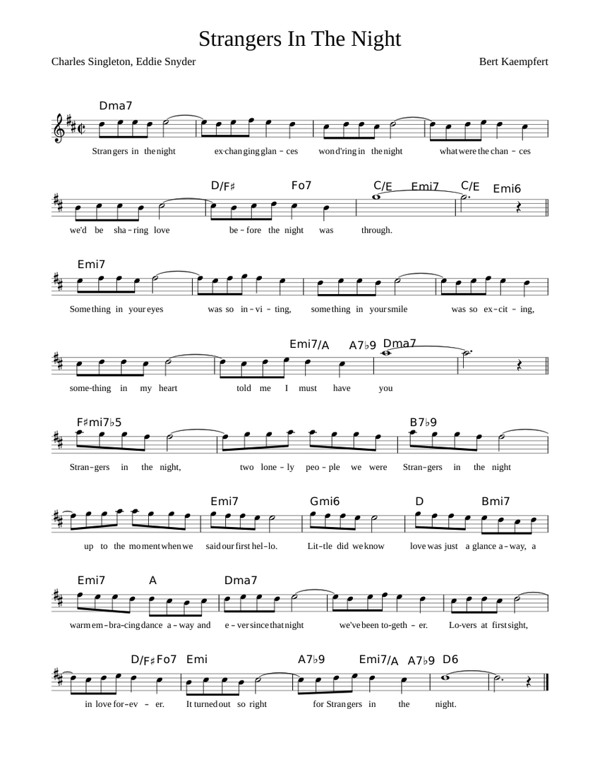 Strangers In The Night Sheet Music with Chords for Saxophone alto (Solo ...