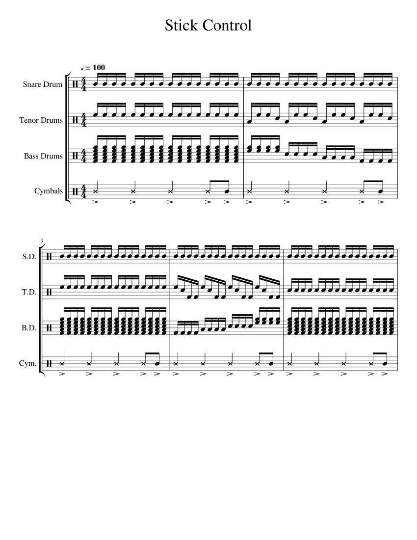Stick_Control Sheet music for Snare drum, Crash, Tenor drum, Bass drum ...