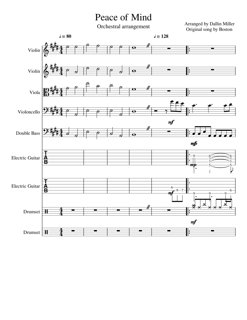 Peace of Mind Sheet Music and Tab for Contrabass, Violin, Viola, Cello ...