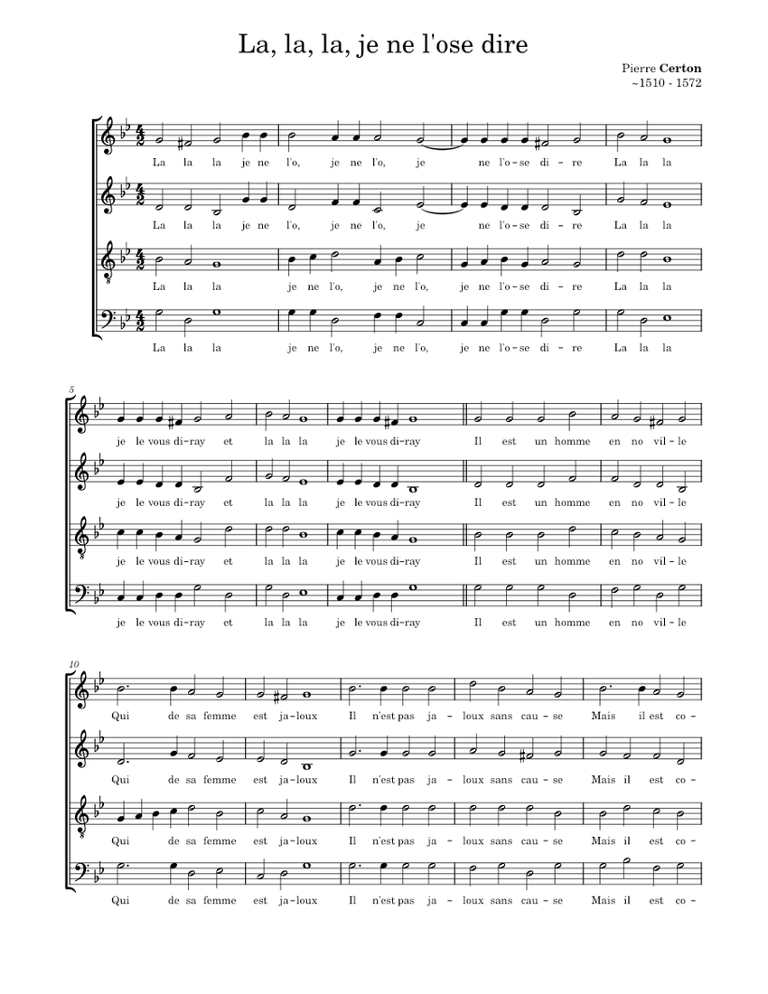 La la la, je ne l'ose dire - Certon Sheet Music for Soprano, Alto ...
