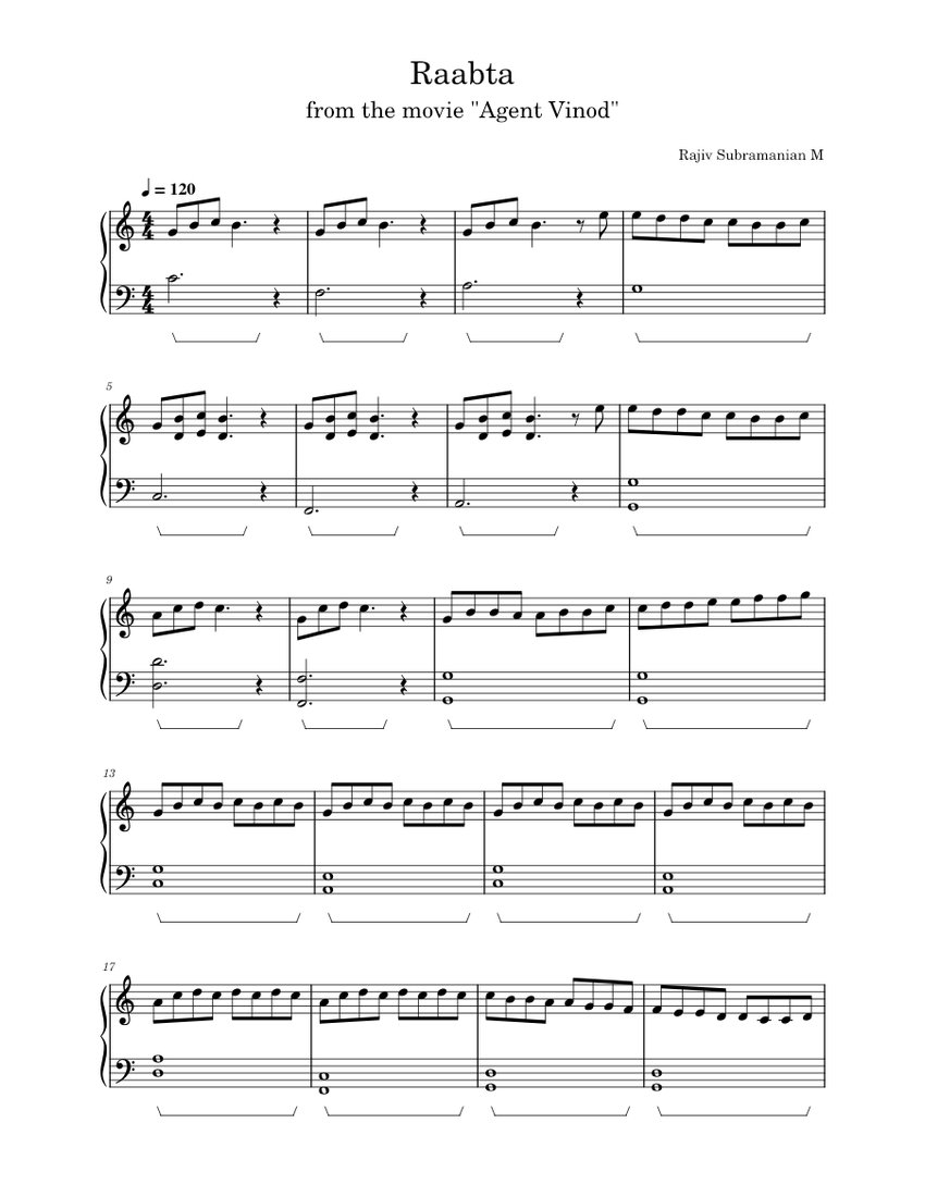 Raabta (Kehte Hain Khuda) - Rajiv Sheet Music for Piano (Solo) easy ...