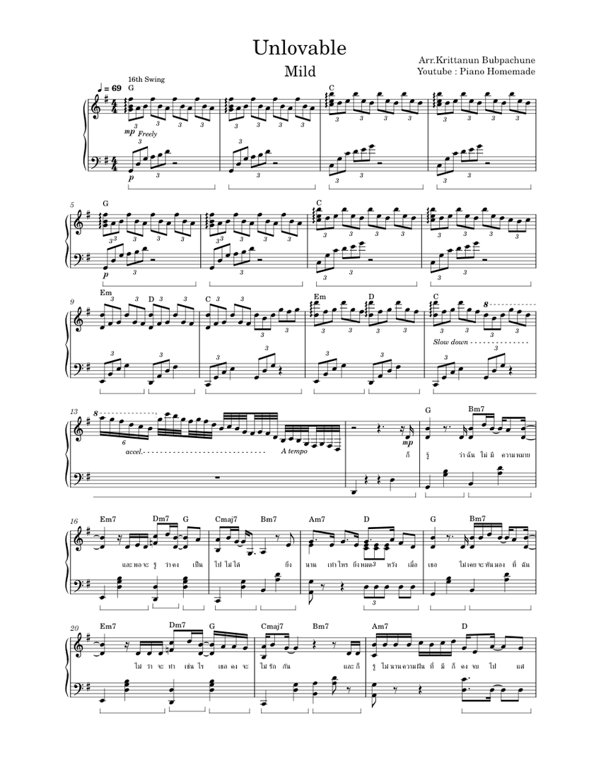 MILD (มายด์) - Unlovable Sheet Music with Chords for Piano (Solo ...