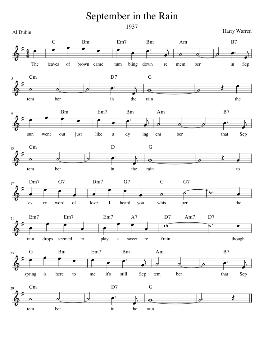 September In The Rain – Harry Warren Sheet Music with Chords for Piano ...