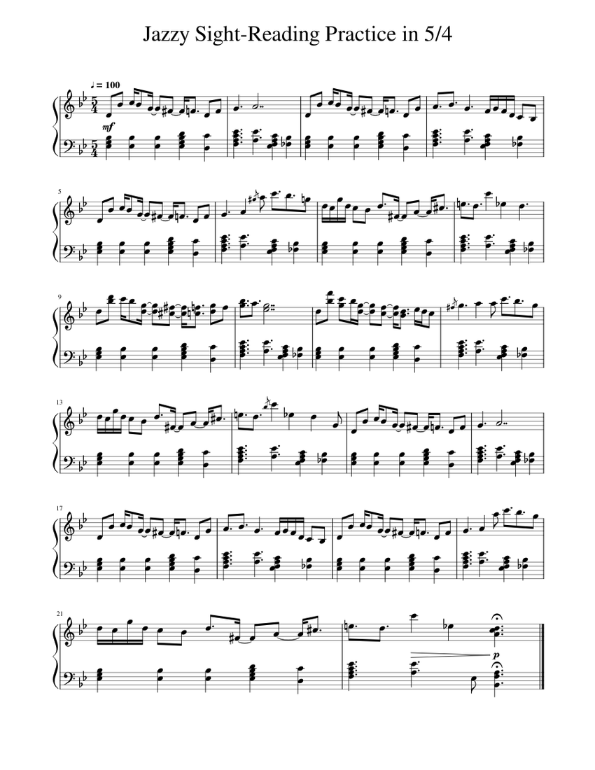 Jazzy Sight-Reading Practice in 5/4 Sheet Music for Piano (Solo ...