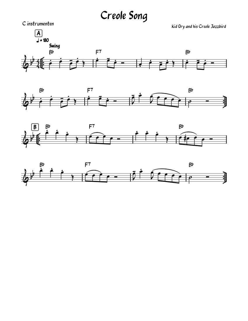 Creole Song – Kid Ory and his Creole Jazzbird Sheet music for Piano ...