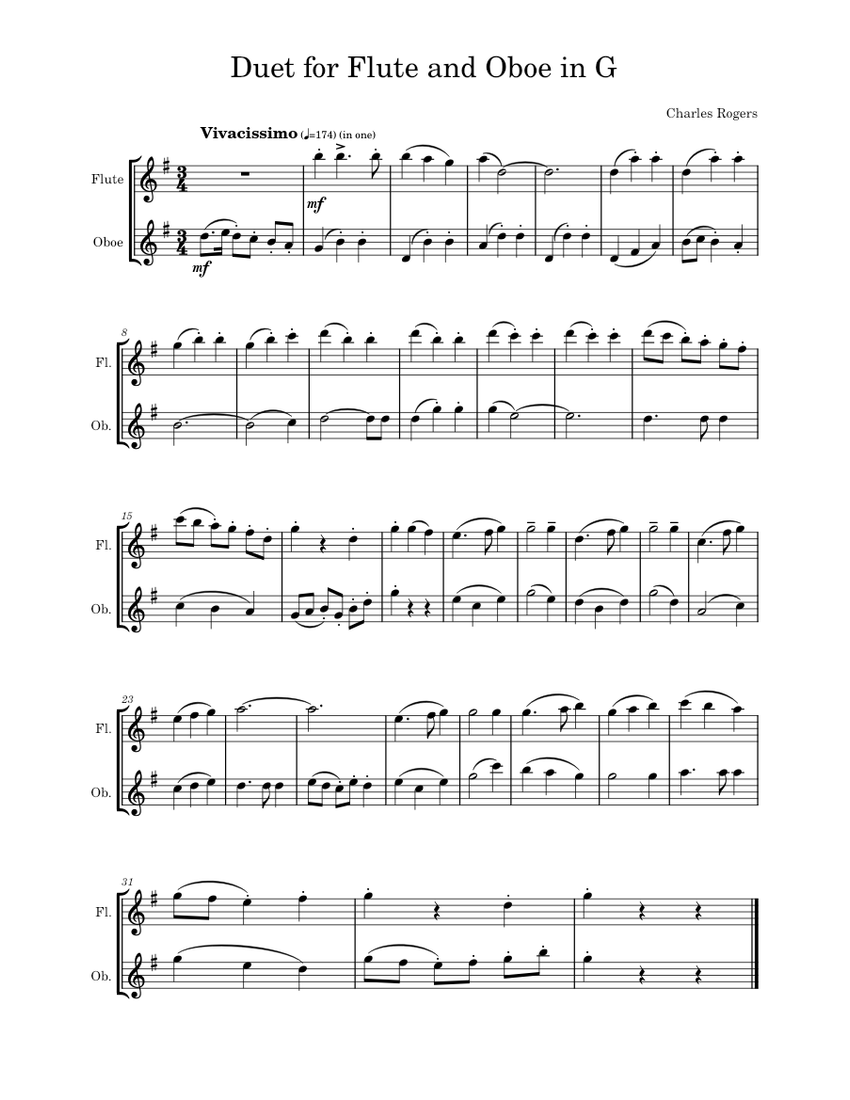 Duet for Flute and Oboe in G Sheet Music for Flute, Oboe (Woodwind Duet ...