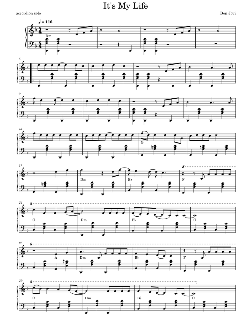 It's My Life – Bon Jovi Sheet Music with Chords for Accordion (Solo ...