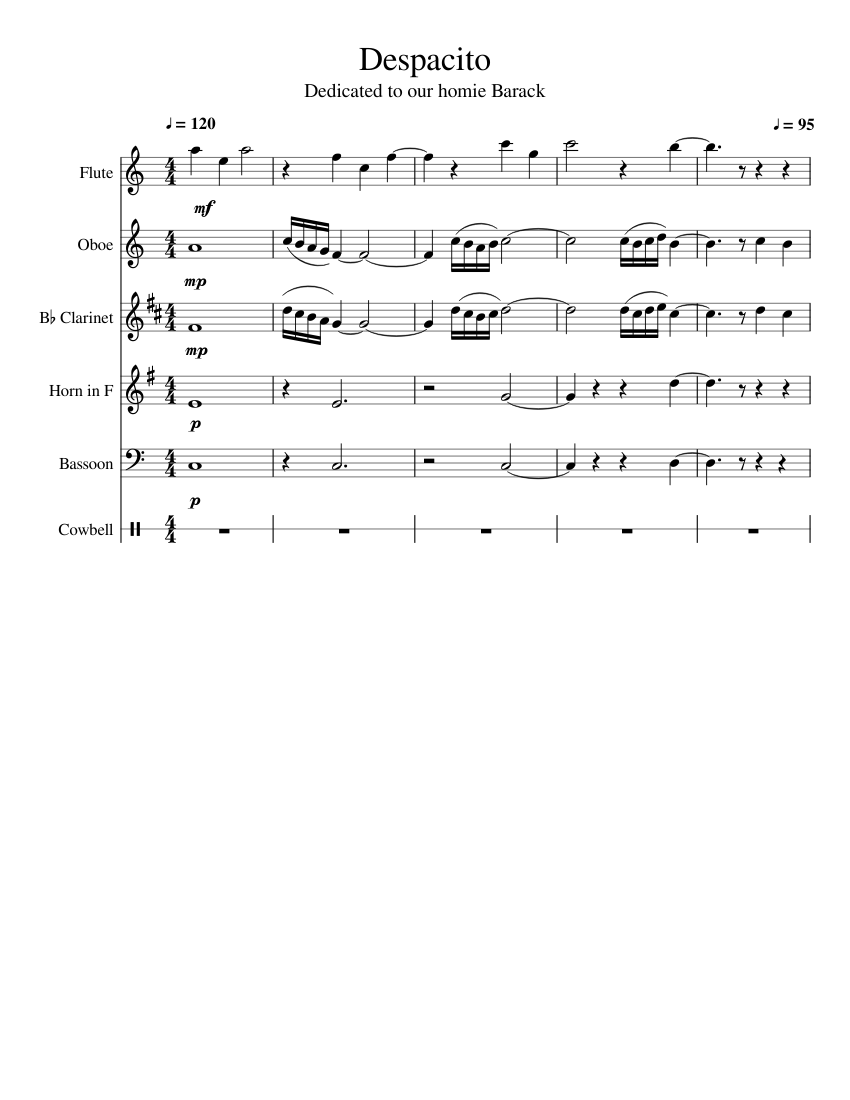 Despacito Sheet music for Flute, Oboe, Clarinet in b-flat, Bassoon ...