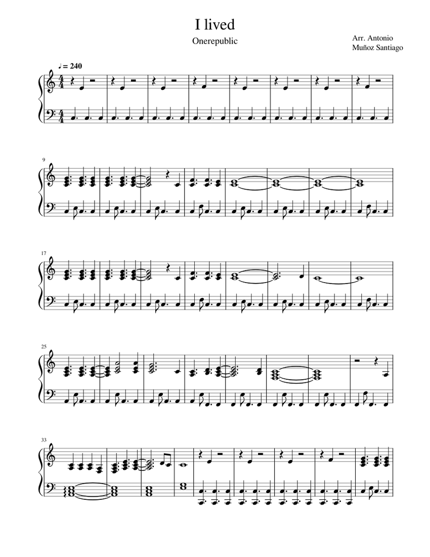 I lived - OneRepublic Sheet Music for Piano (Solo) Easy | MuseScore.com