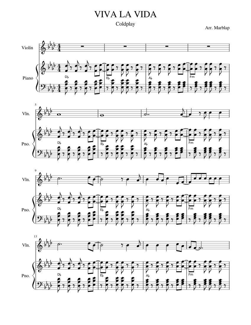 viva la vida Sheet Music for Piano, Violin (Mixed Duet) | MuseScore.com