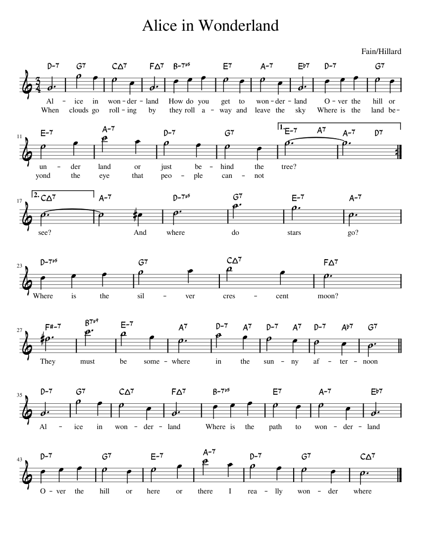 Alice in Wonderland Sheet Music with Chords for Piano (Solo) Easy ...