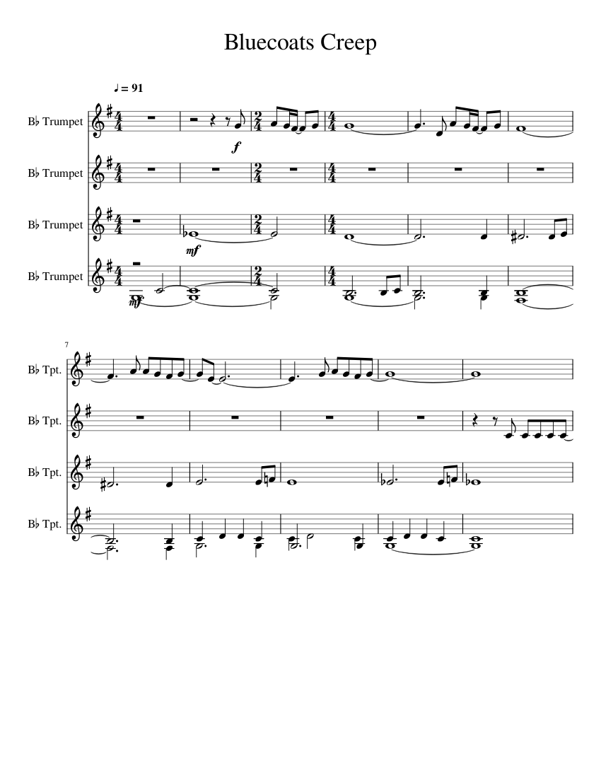 Bluecoats Creep Sheet Music for Trumpet in b-flat (Mixed Quartet ...