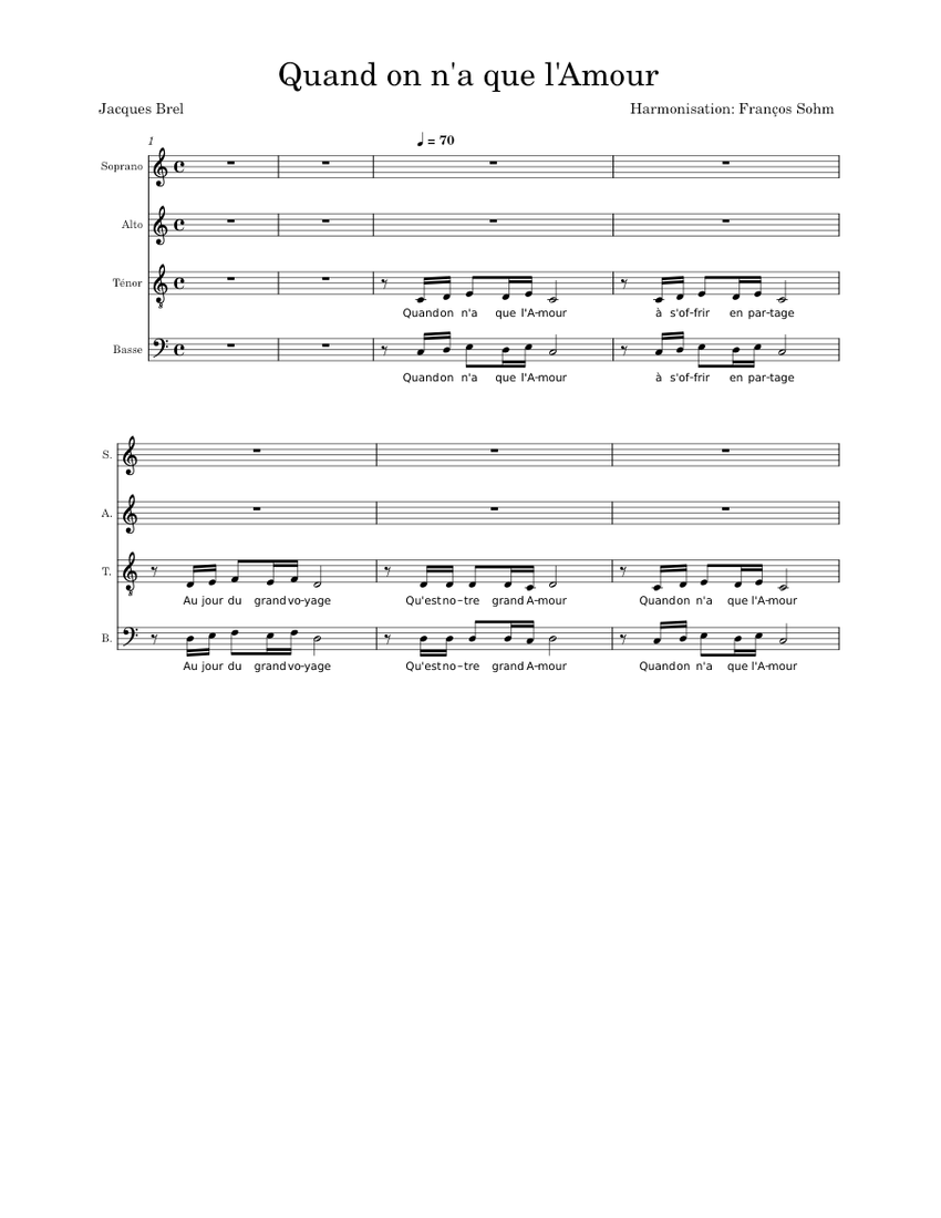 Quand on n'a que l'amour – Jacques Brel Sheet Music for Soprano, Alto ...