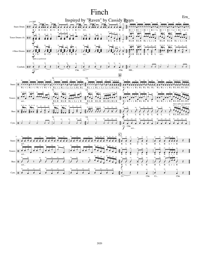 Finch Sheet music for Snare drum, Crash, Tenor drum, Bass drum ...