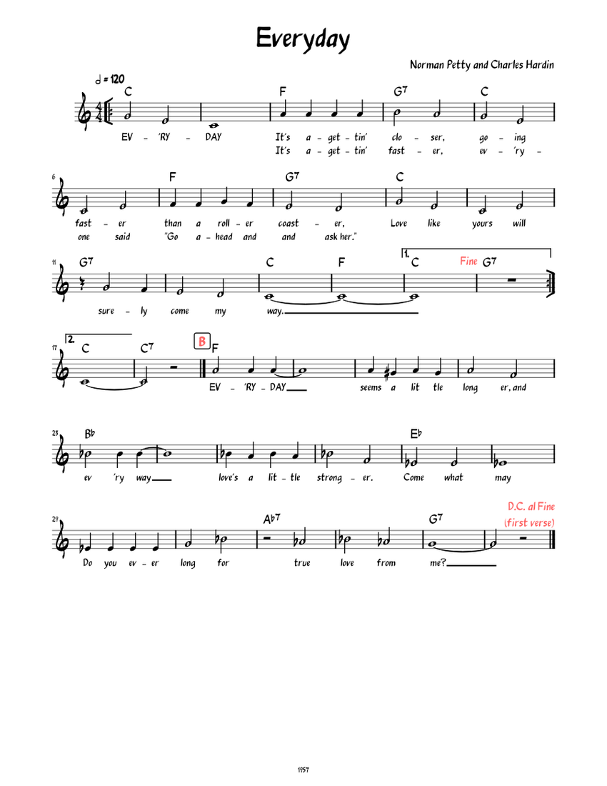 Everyday (Lead sheet with lyrics ) Sheet Music with Chords for Piano ...