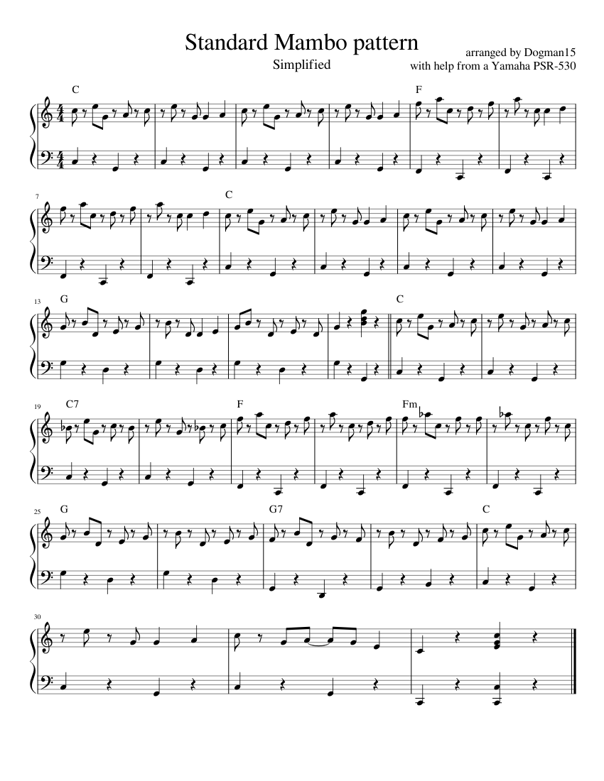 Standard Mambo pattern Sheet Music with Chords for Piano (Solo) Easy ...