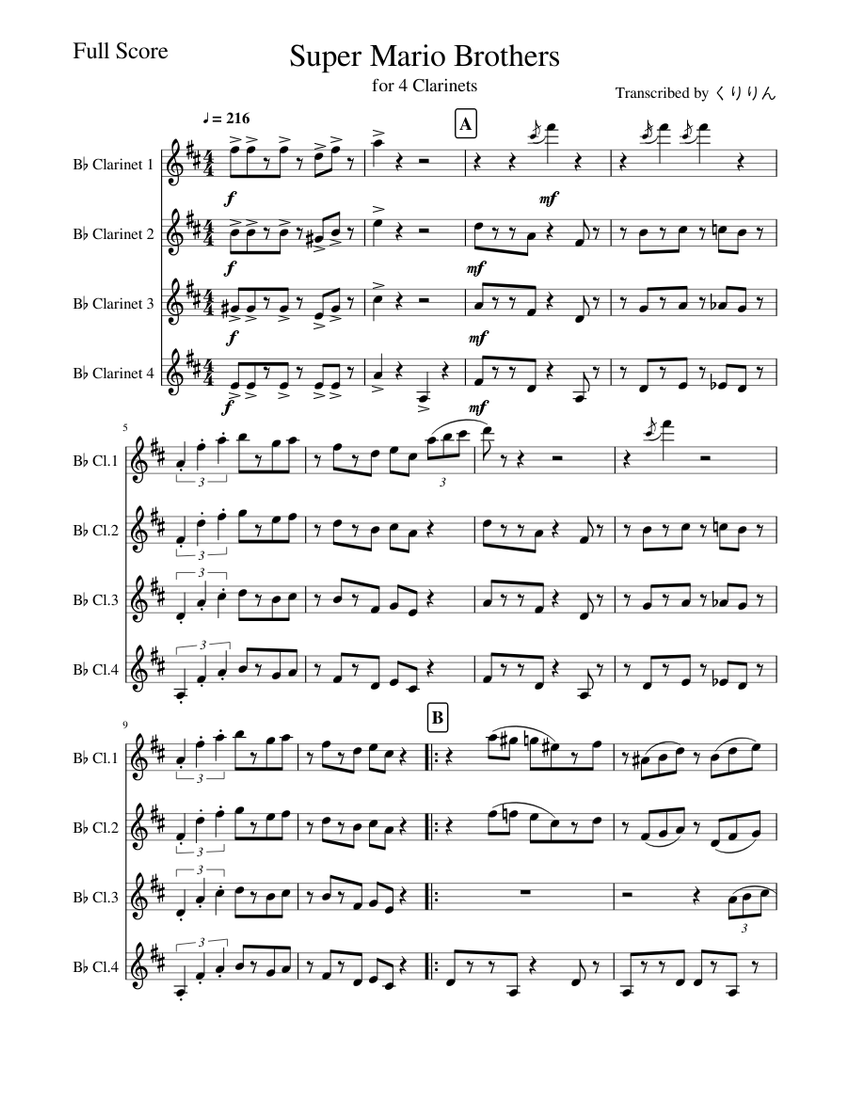 Super Mario Bros Sheet Music for Clarinet in b-flat (Woodwind Quartet ...