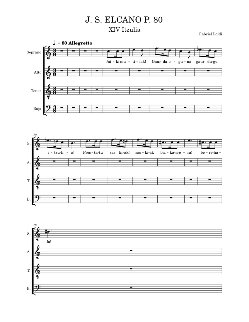J. S. ELCANO P. 80 XIV Itzulia Sheet Music for Soprano, Alto, Tenor ...