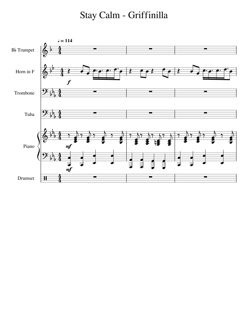 Stay Calm Sheet Music for Piano, Trombone, Tuba, Trumpet in b-flat ...