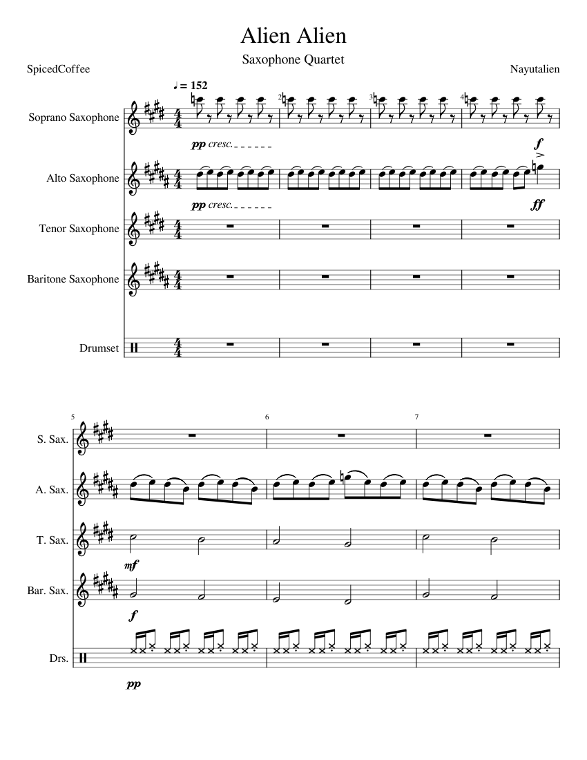Alien Alien - Saxophone Quartet Sheet Music for Saxophone alto ...