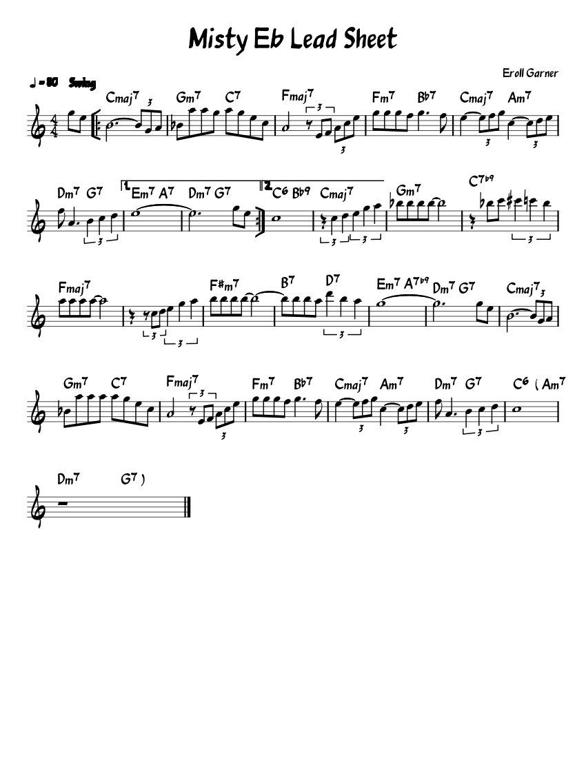 Misty Eb Lead Sheet Sheet Music with Chords for Saxophone alto (General ...