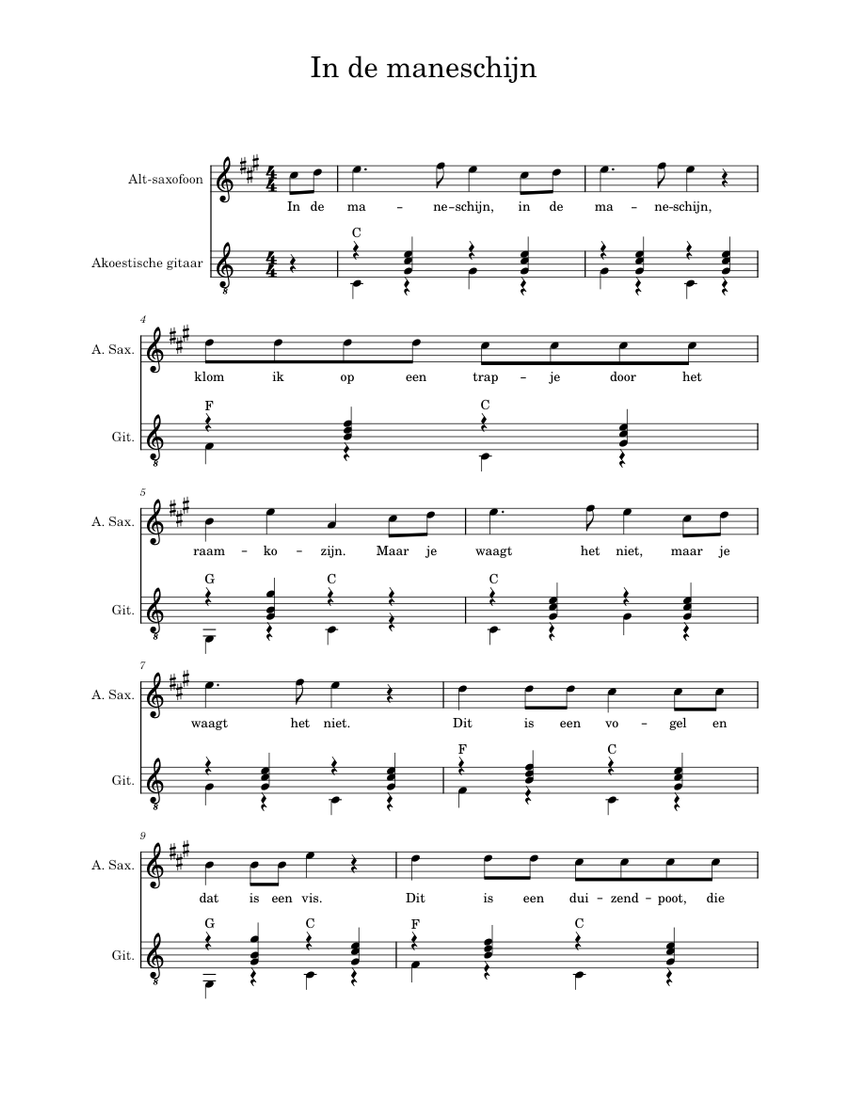 In de maneschijn Sheet Music for Saxophone alto, Guitar (Mixed Duet ...