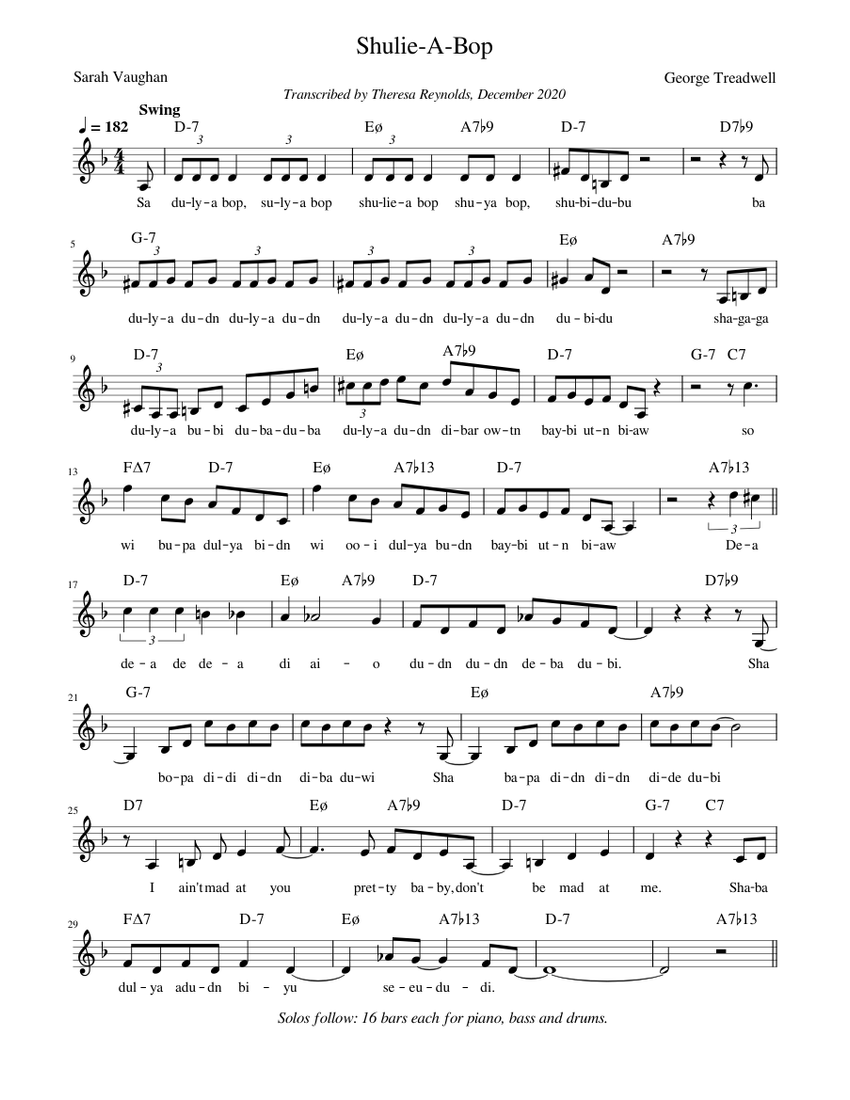 Shulie-a-Bop - George Treadwell and Sarah Vaughan Sheet Music for Piano ...