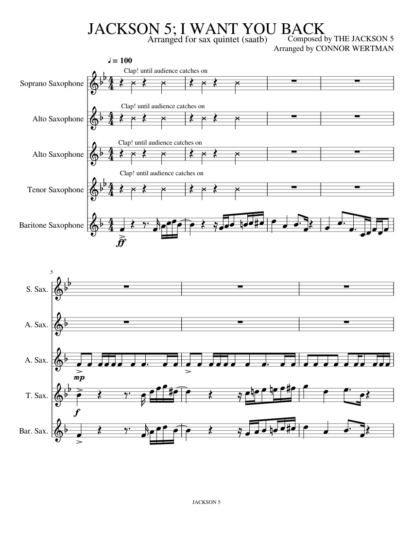 JACKSON 5; I WANT YOU BACK SAX QUINTET (saatb) Sheet music for ...