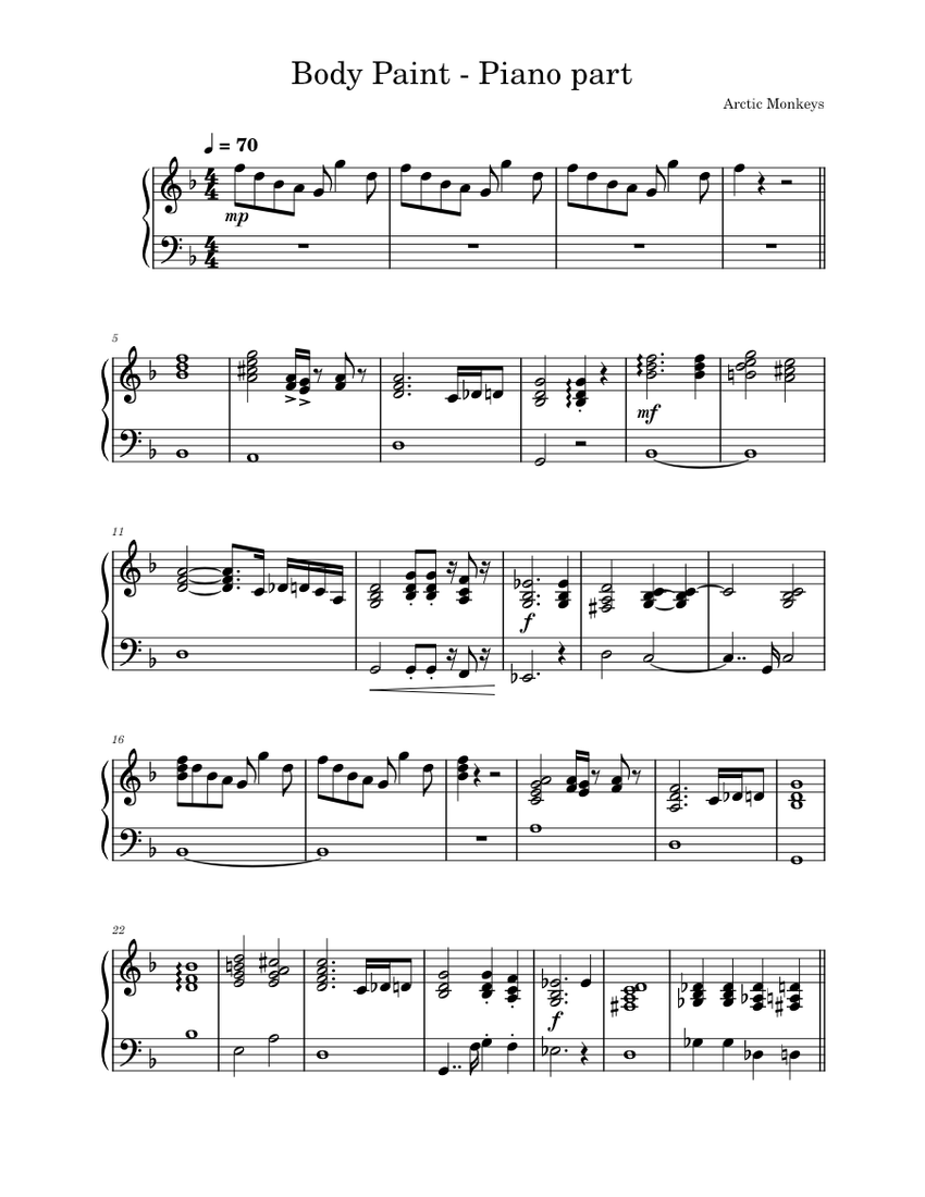 Body Paint – Arctic Monkeys Sheet Music for Piano (Solo) easy ...