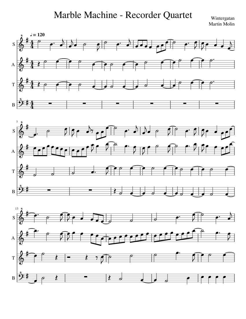 Marble Machine - Recorder Quartet Sheet Music for Recorder (Mixed ...