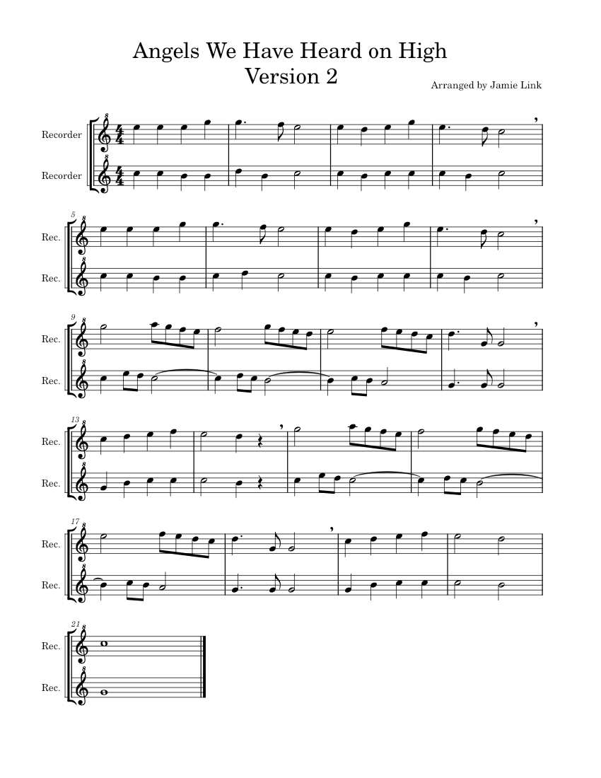 Angels we have heard on high – Misc Christmas Sheet Music for Recorder ...