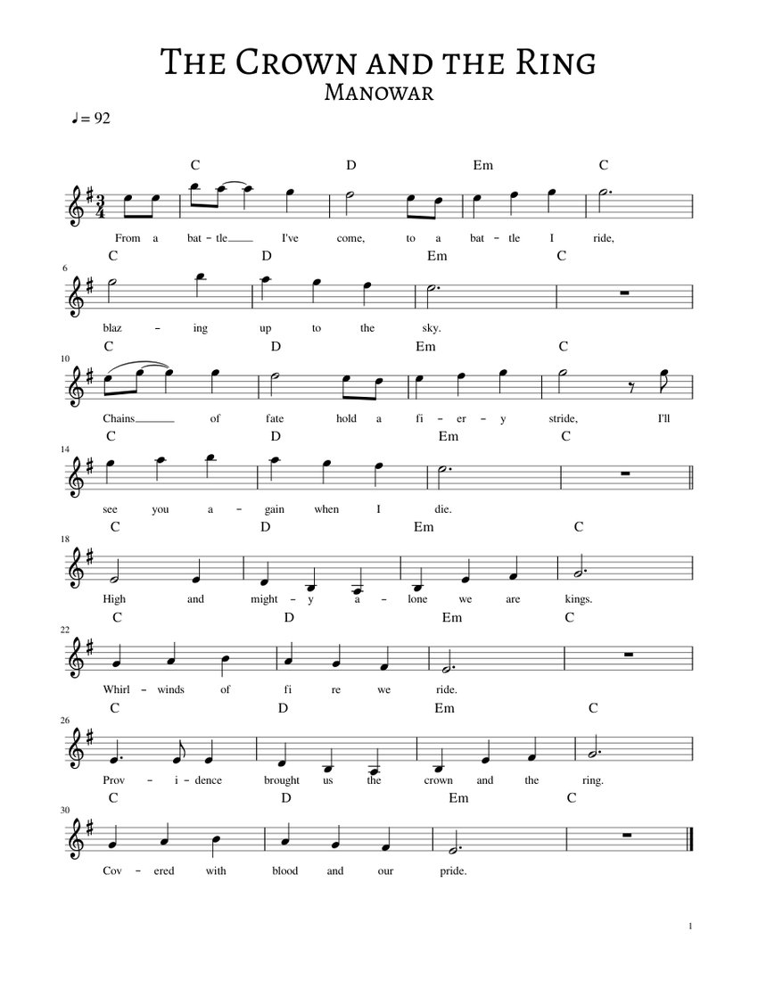 The crown and the ring – Manowar Sheet Music with Chords for Piano (Solo) easy | MuseScore.com