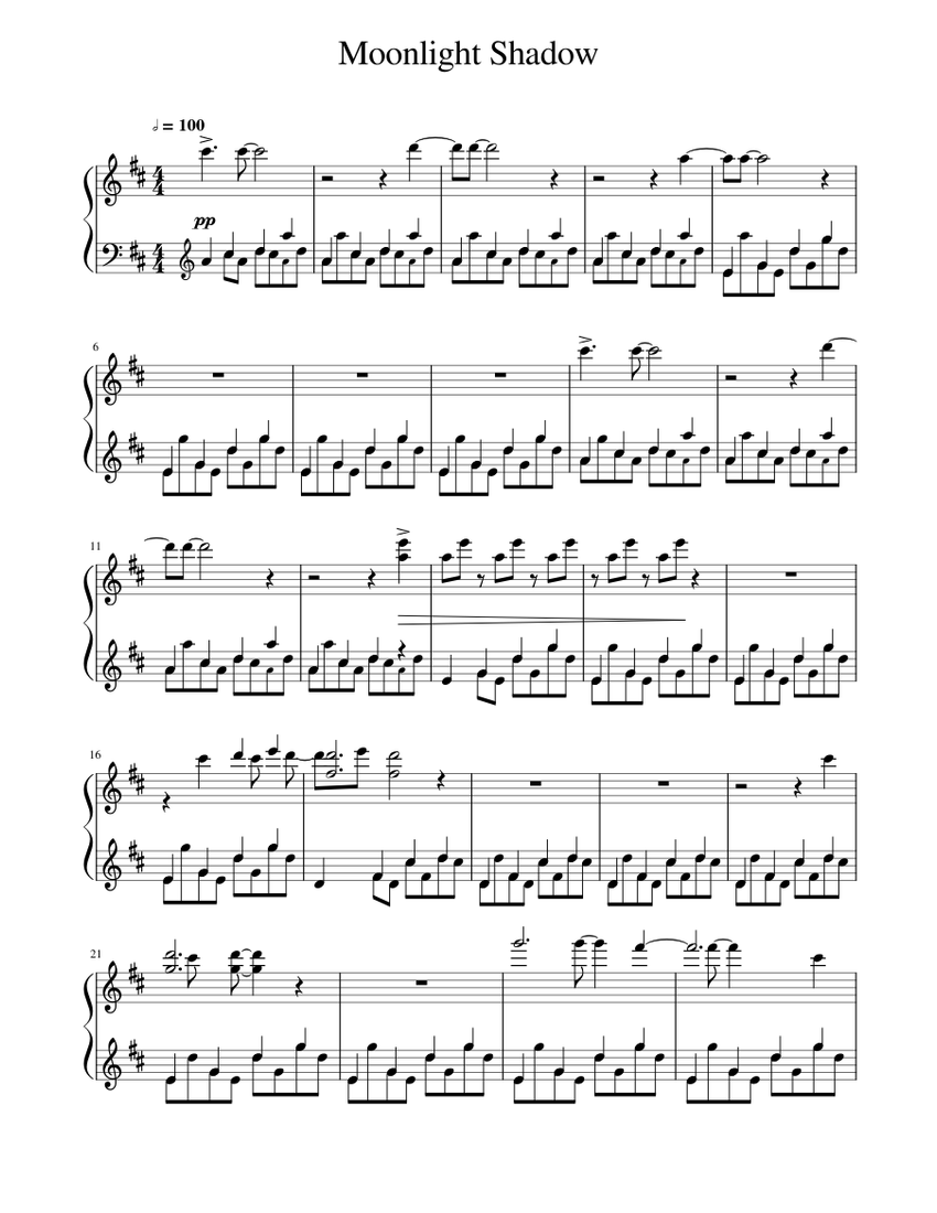 Moonlight Shadow Sheet Music for Piano (Solo) | MuseScore.com