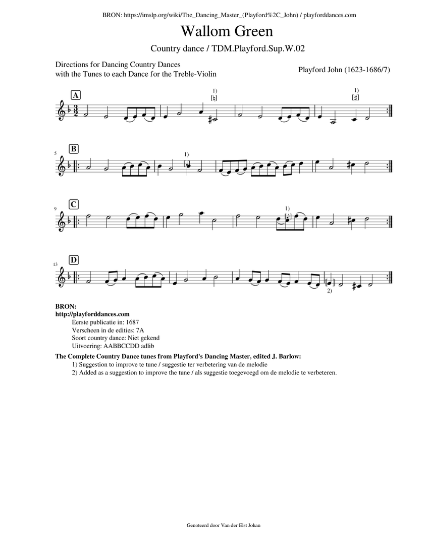 Wallom Green (TDM.Playford.Sup.W.02) Sheet music for Violin (Solo ...